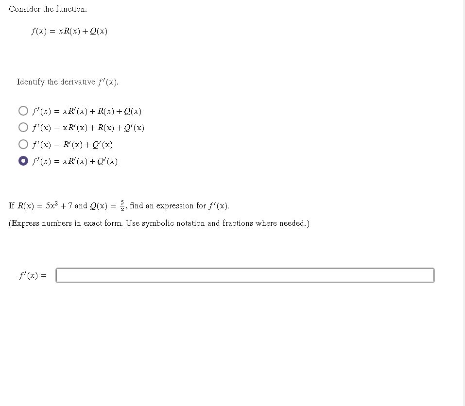 Solved Consider the function. f(x)=xR(x)+Q(x) Identify the | Chegg.com