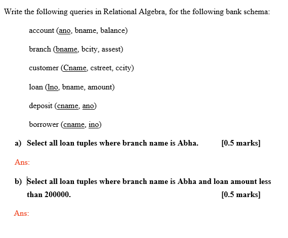 Solved Write the following queries in Relational Algebra, | Chegg.com
