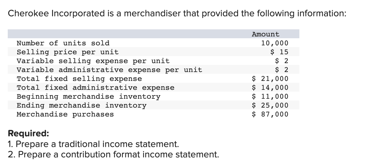 Solved 1. Prepare a traditional income statement.2. Prepare | Chegg.com