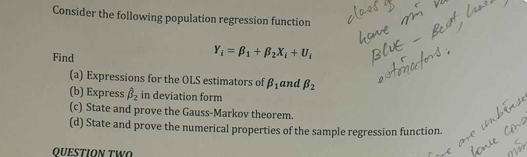 Solved Consider the following population regression function | Chegg.com