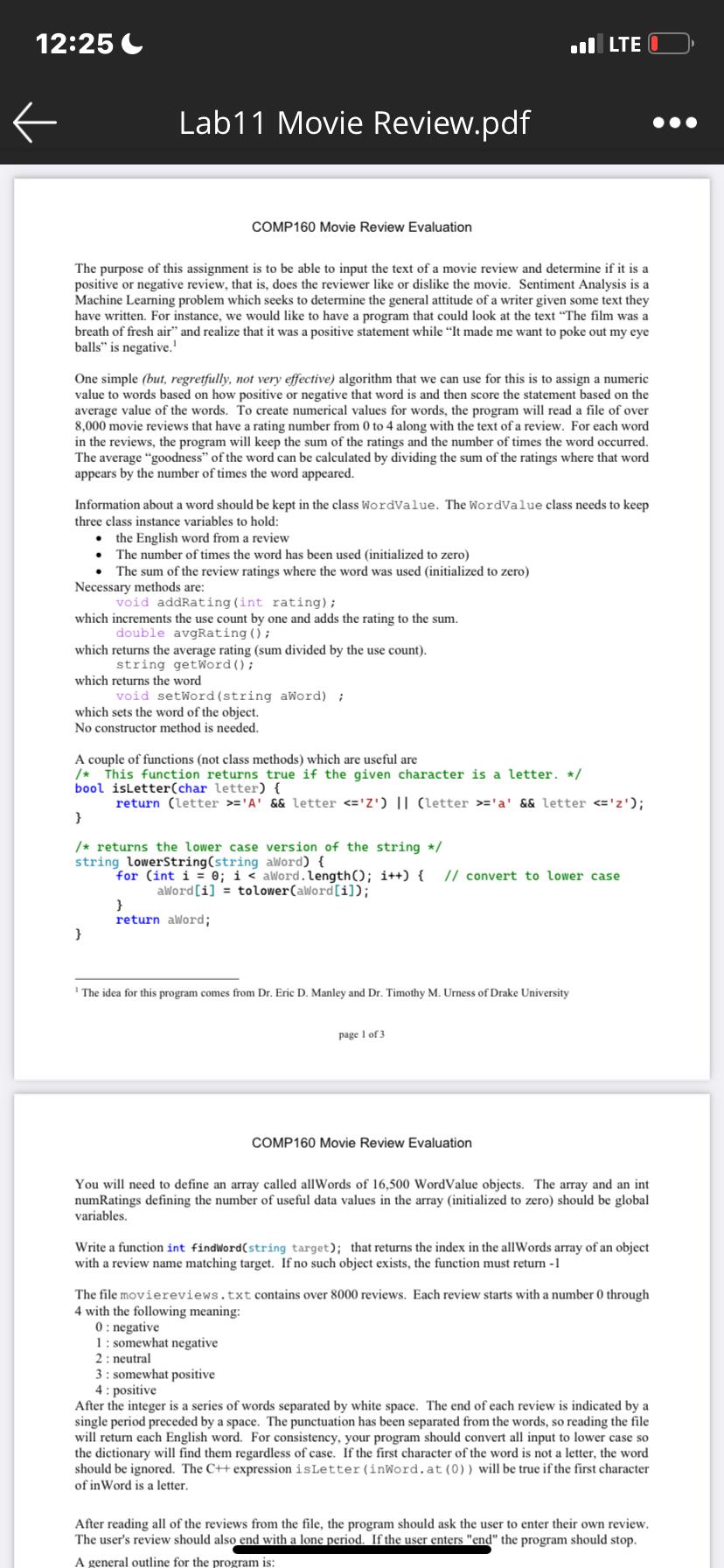 Solved 12:25 Lab11 Movie Review.pdf COMP160 Movie Review | Chegg.com