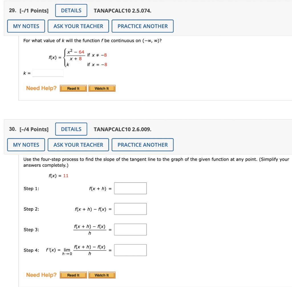 Solved 29. [-/1 Points] DETAILS TANAPCALC10 2.5.074. MY | Chegg.com