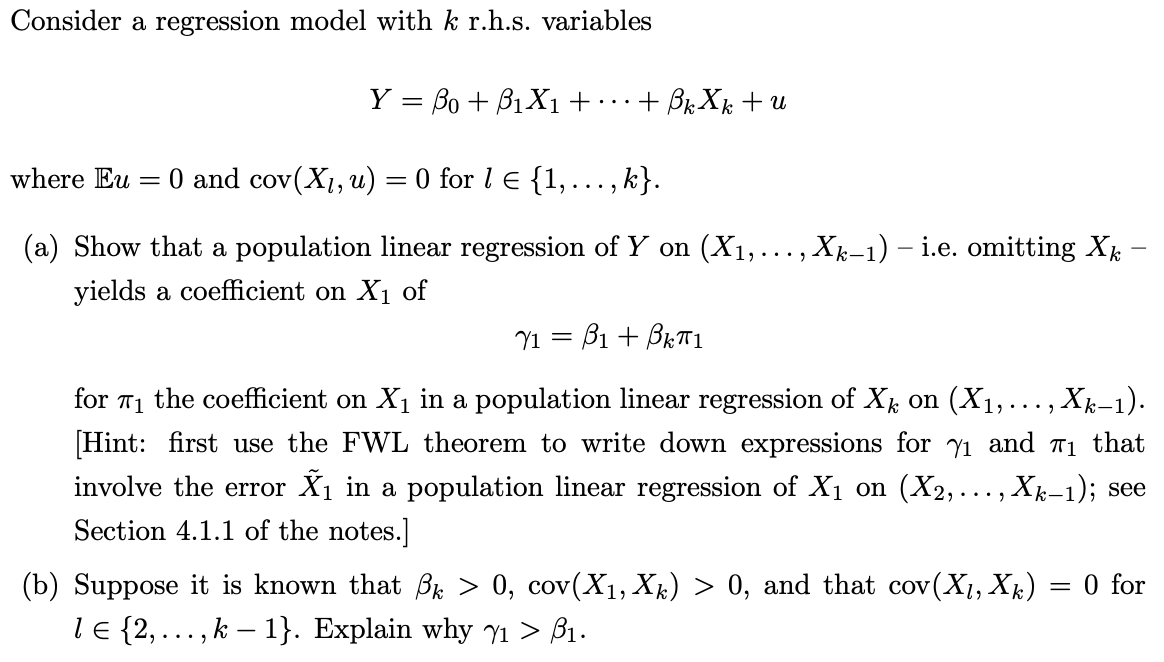 Solved Consider a regression model with k r.h.s. variables | Chegg.com
