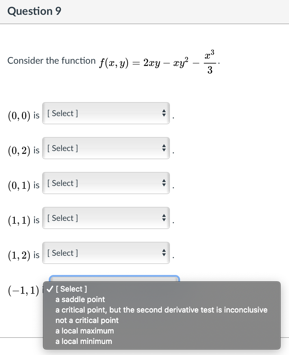 Solved Question 9 Consider the function f(x, y) = 2xy – xy2 | Chegg.com