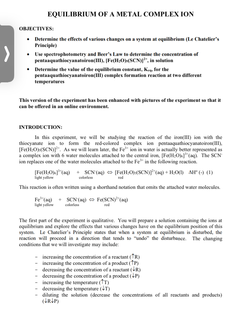 Solved EQUILIBRIUM OF A METAL COMPLEX ION OBJECTIVES: . > . | Chegg.com