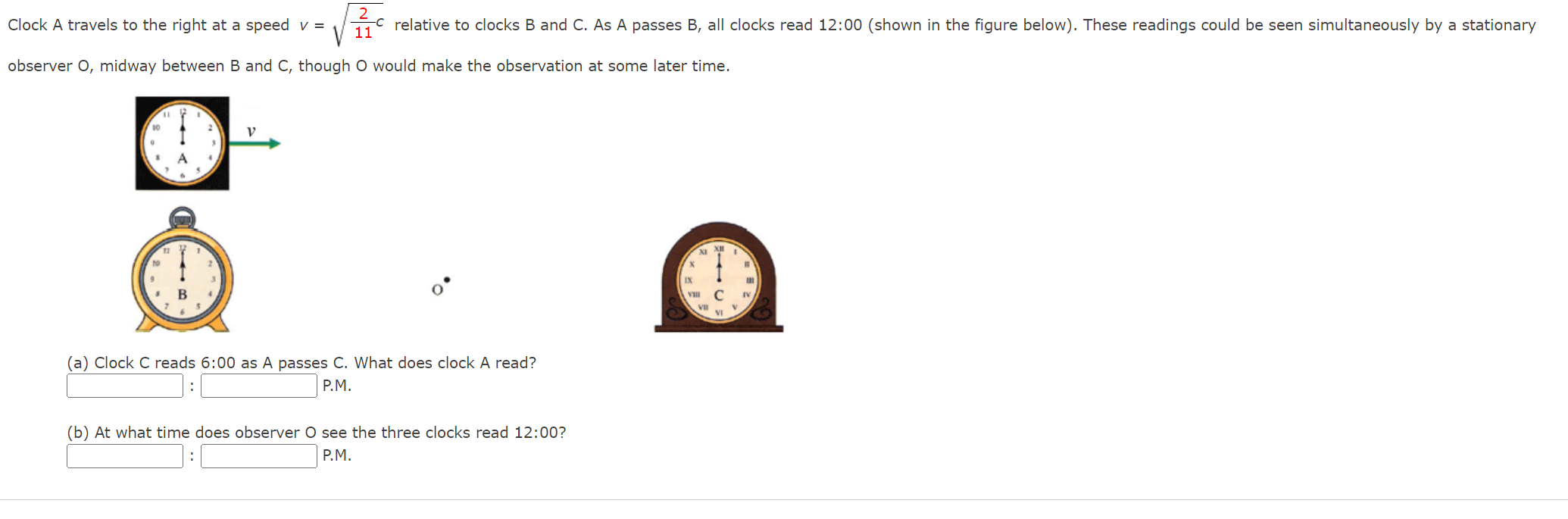 Solved Clock A travels to the right at a speed v=112c | Chegg.com