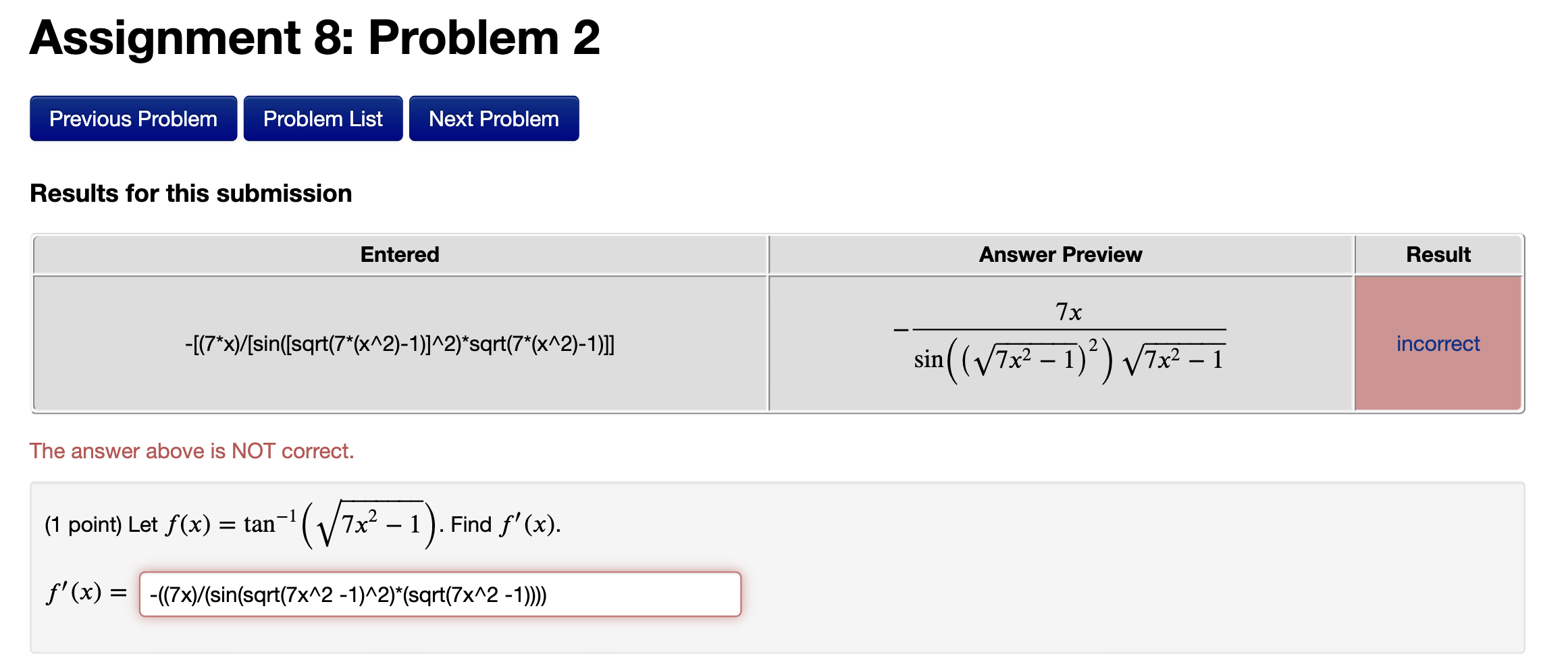 Solved Assignment 8: Problem 2 Results for this submission | Chegg.com