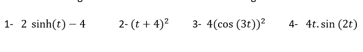 Solved 1- 2sinh(t)−42−(t+4)2 3- 4(cos(3t))24−4t⋅sin(2t) | Chegg.com