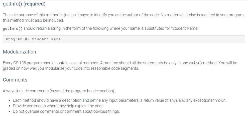 Solved getInfo() (required) The sole purpose of this method | Chegg.com