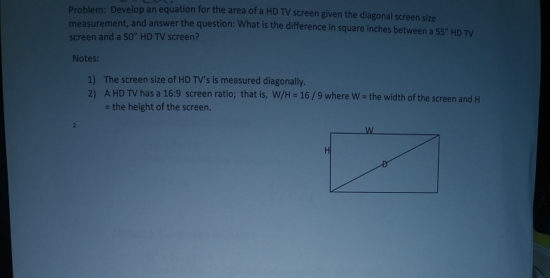 Solved for the area of a HD TV screen given the diagonal | Chegg.com