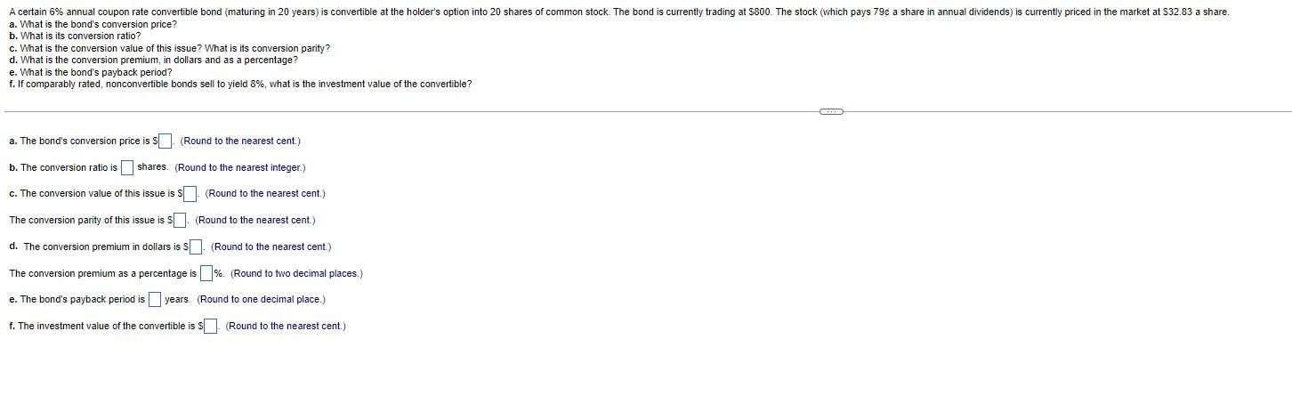 Solved A certain 6% annual coupon rate convertible bond | Chegg.com