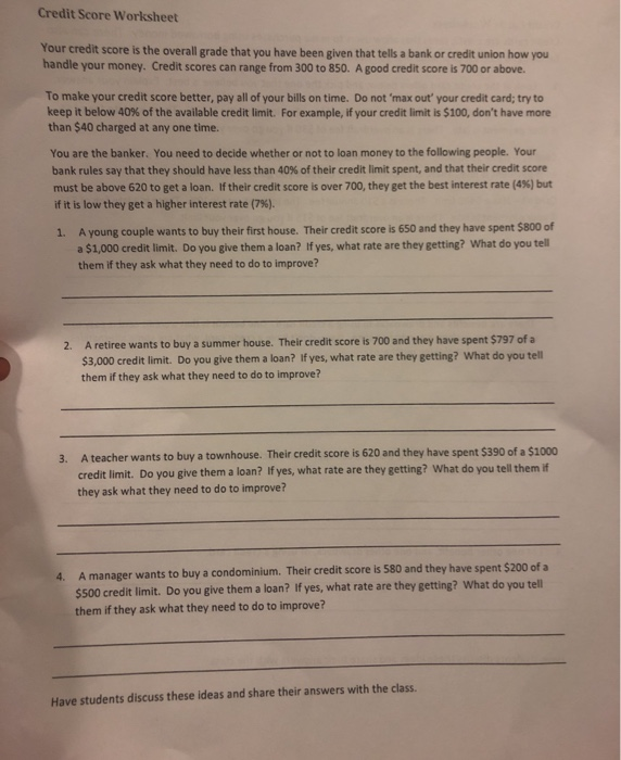 Solved Credit Score Worksheet Your credit score is the | Chegg.com
