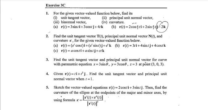 Solved Exercise 3C 1. For the given vector-valued function | Chegg.com
