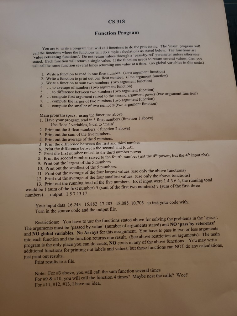 Solved CS 318 Function Program You are to write a program | Chegg.com