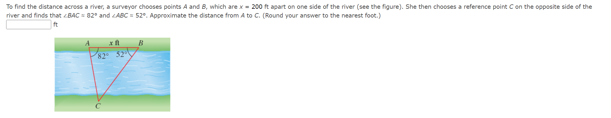 Solved To find the distance across a river, a surveyor | Chegg.com
