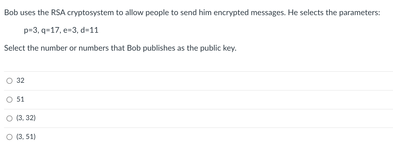 Solved Bob uses the RSA cryptosystem to allow people to send | Chegg.com