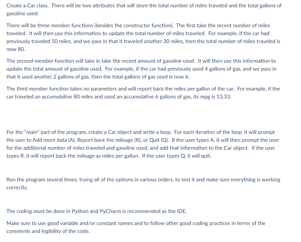 Solved Create a Car class. There will be two attributes that | Chegg.com