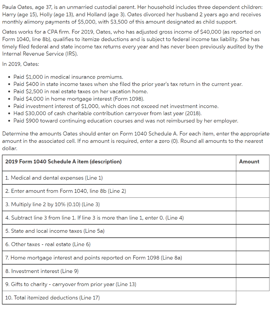 Solved Paula Oates, age 37, is an unmarried custodial | Chegg.com