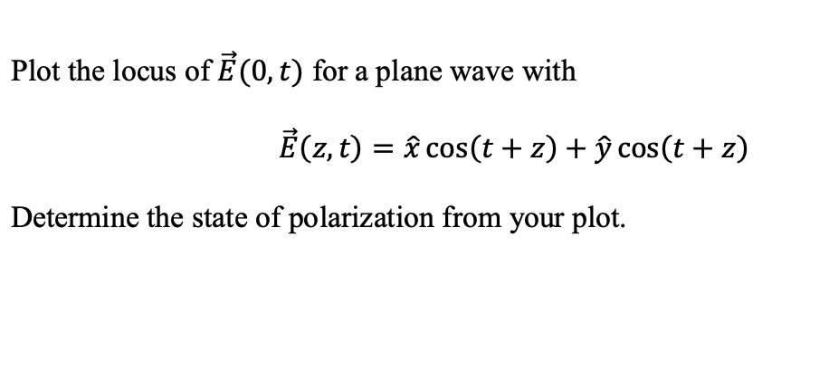 Solved Plot the locus of Ē (0,t) for a plane wave with Ē | Chegg.com