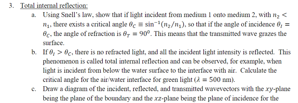 Total internal reflection: 3. Using Snell's law, show | Chegg.com