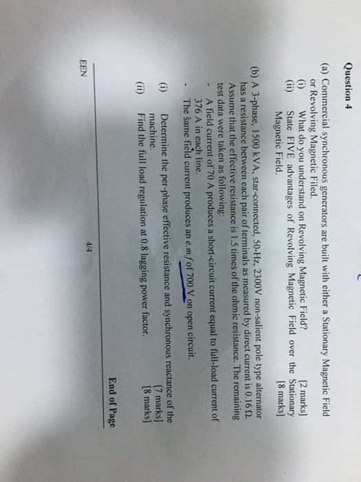 Solved Question 4 (a) Commercial synchronous generators are | Chegg.com