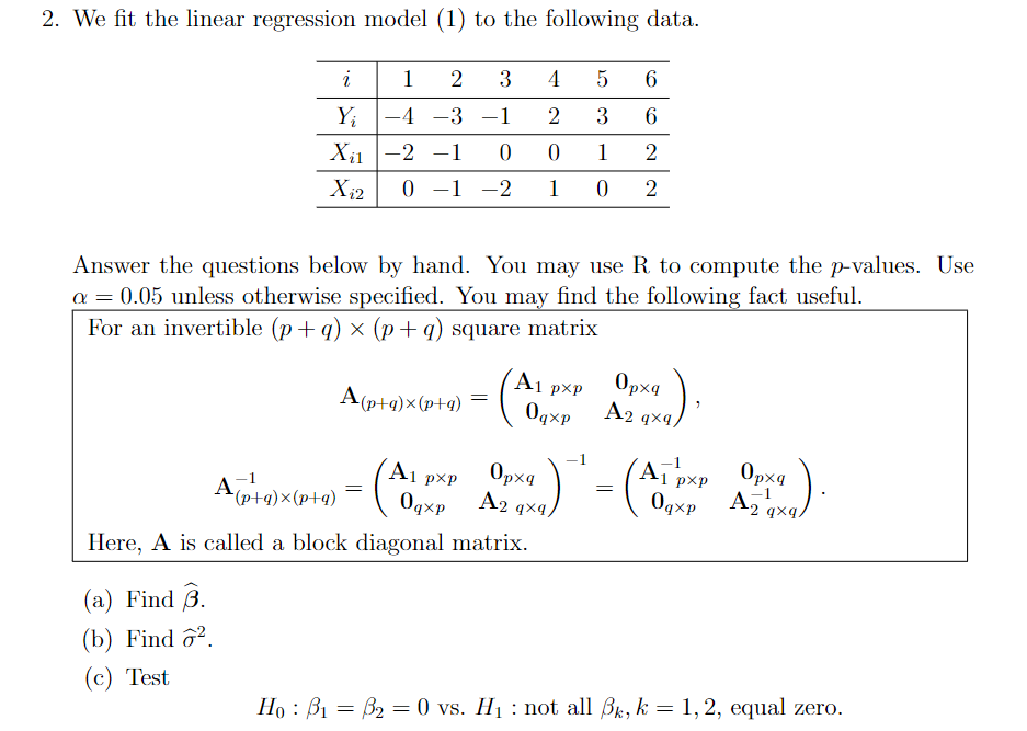2. We fit the linear regression model (1) to the | Chegg.com