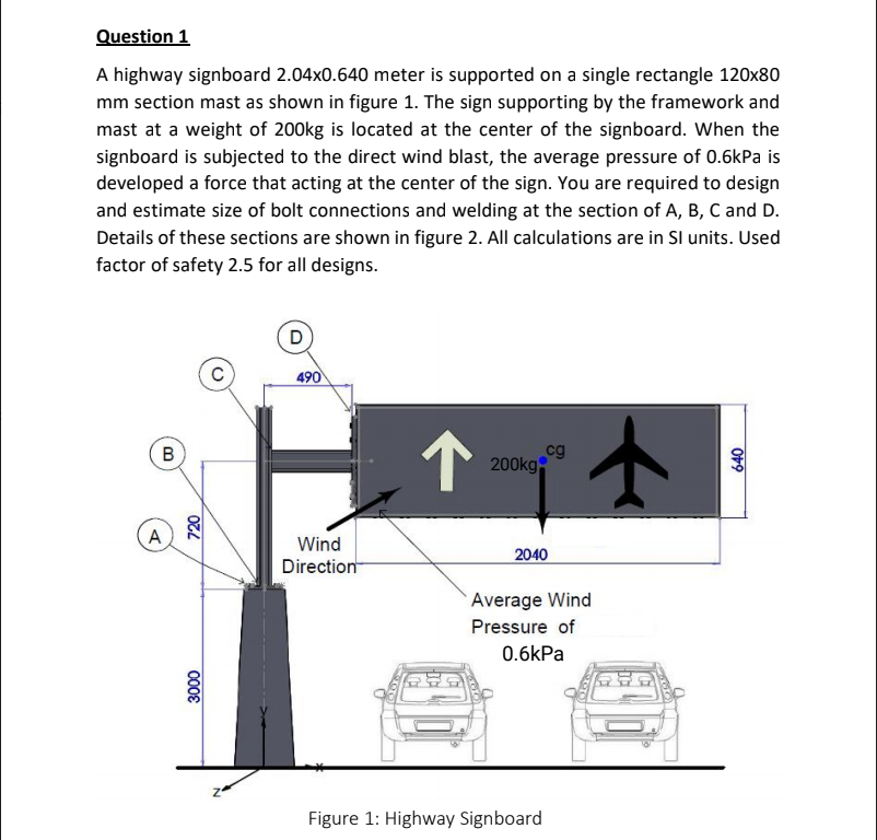 Question 1 A highway signboard 2.04x0.640 meter is | Chegg.com