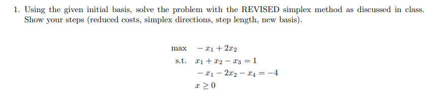 Solved Using the given initial basis, solve the problem with | Chegg.com