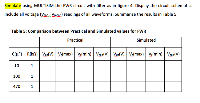 Simulate using MULTISIM the FWR circuit with filter | Chegg.com