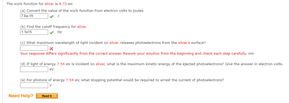Solved The work function for silver is 4.73eV. (a) Convert | Chegg.com