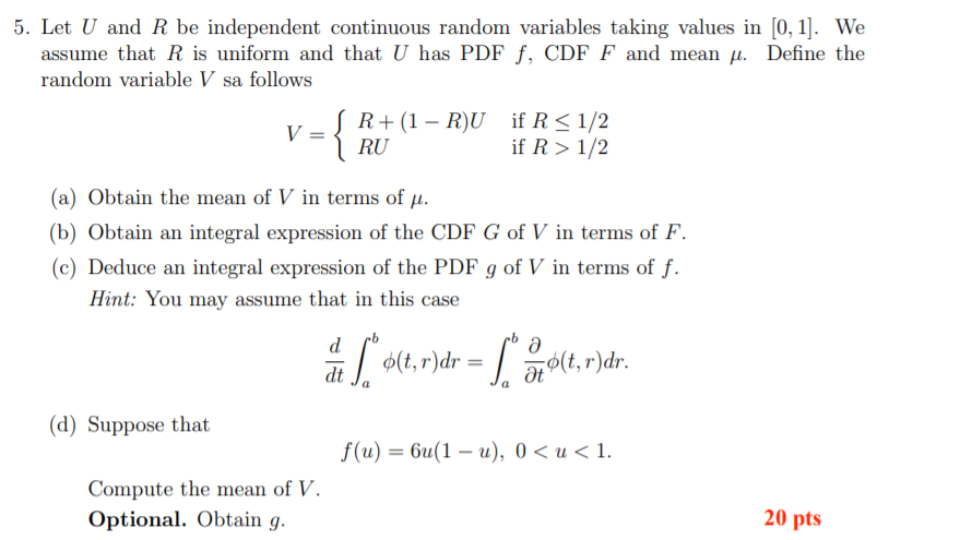 Solved 5. Let U and R be independent continuous random | Chegg.com