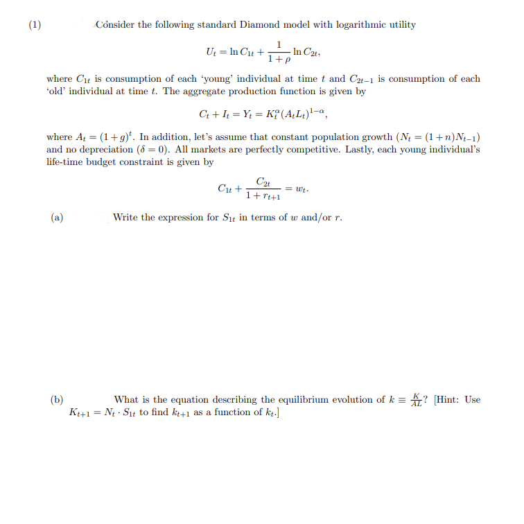 Solved Ut=lnC1t+11+ρlnC2t,where C1t ﻿is consumption of each | Chegg.com