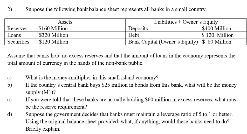Solved 2)Suppose the following bank balance sheet represents | Chegg.com