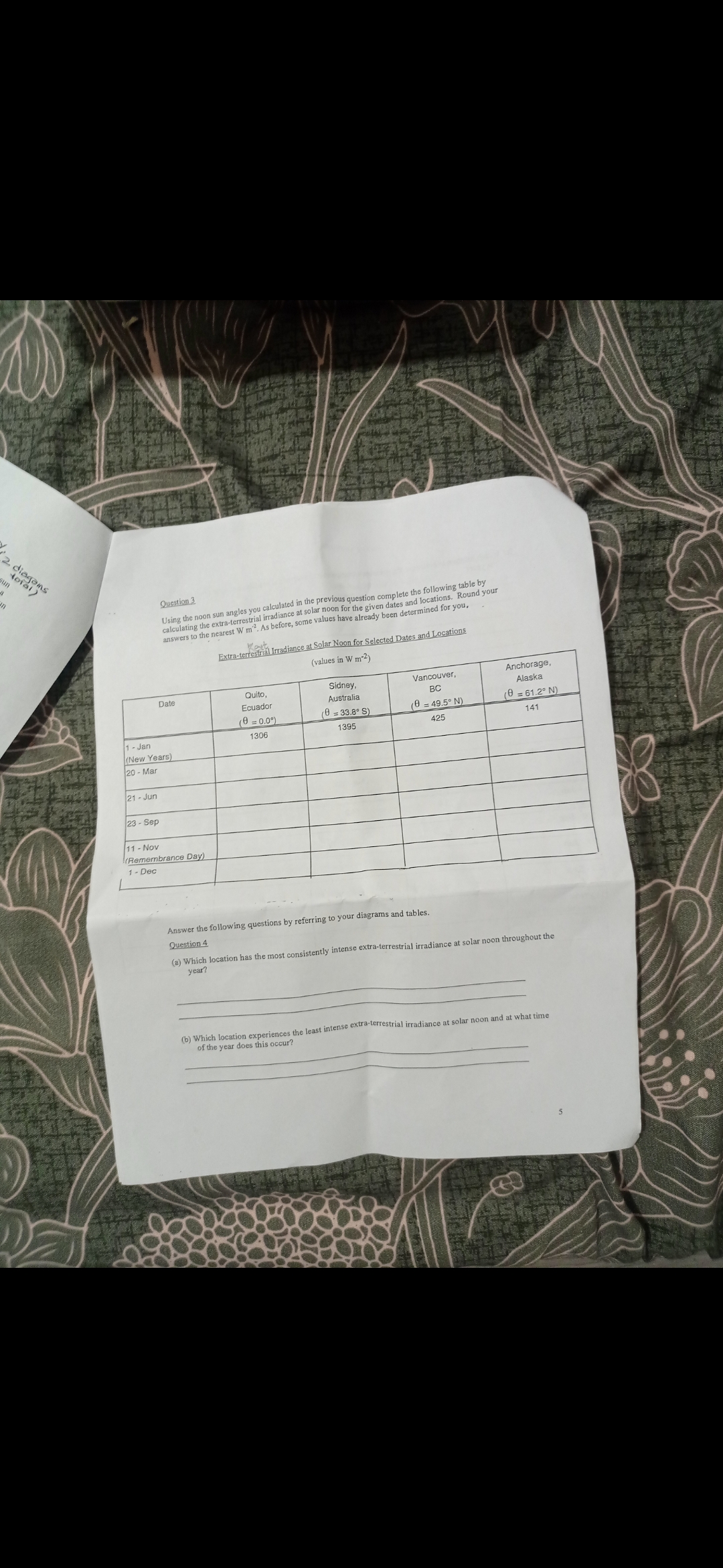 Solved Question 3 Using the noon sun angles you calculated | Chegg.com