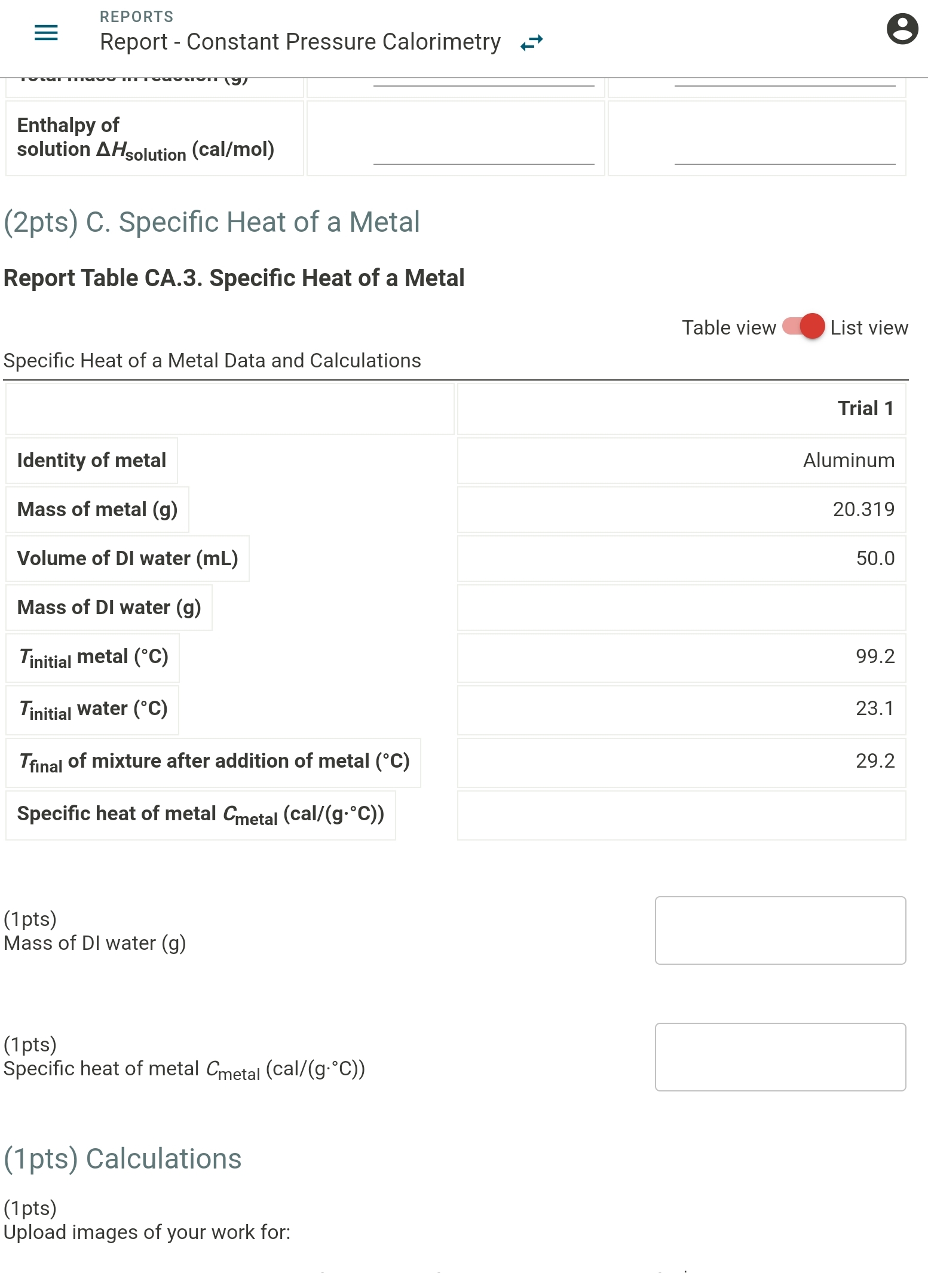 Upload images of your work for: Table view List view | Chegg.com