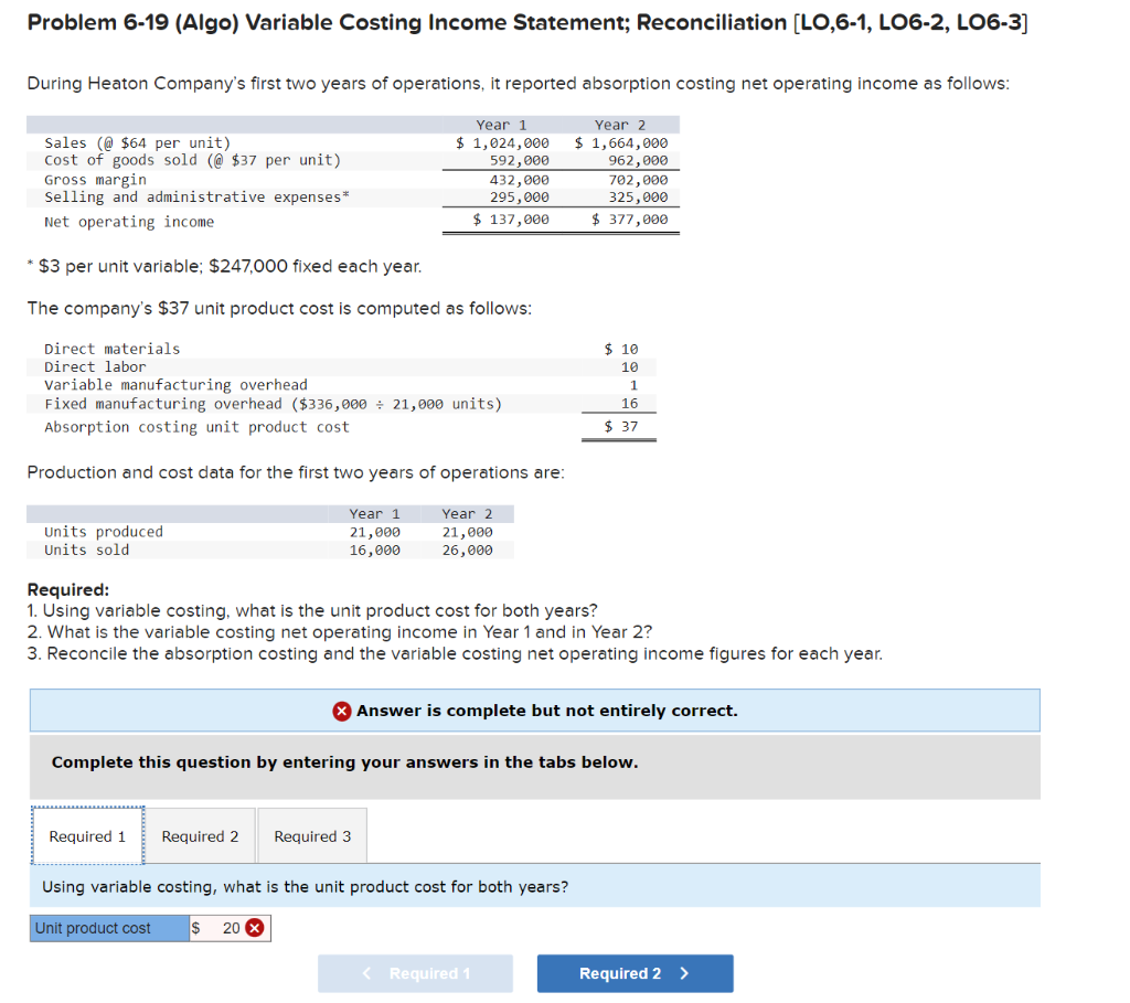 Solved Problem 6-19 (Algo) Variable Costing Income | Chegg.com