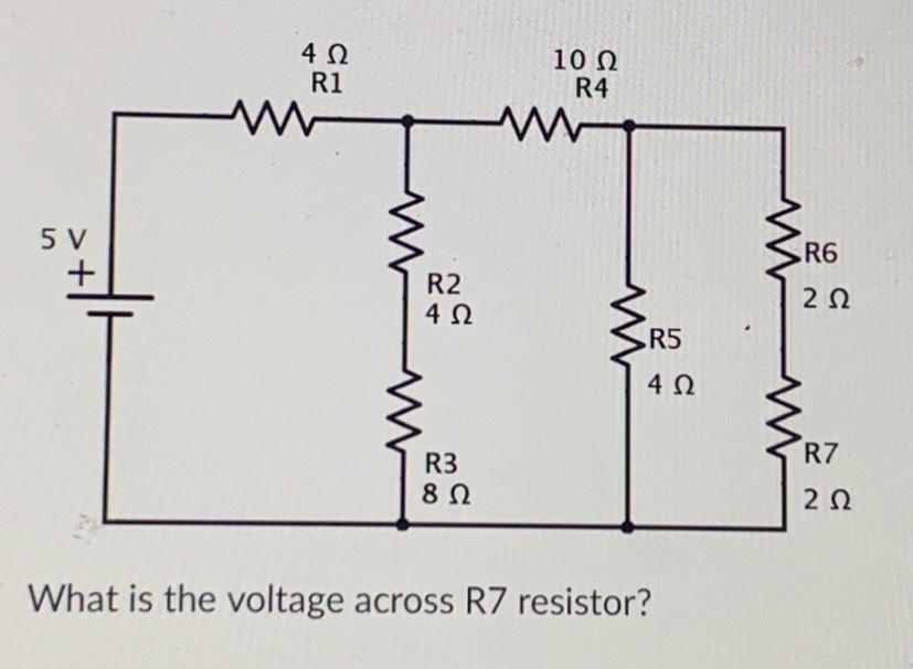 Solved 4 Ω R1 10 Ω R4 - 5V + R6 R2 4 Ω 2Ω R5 4 Ω R7 R3 8 Ω 2 | Chegg.com