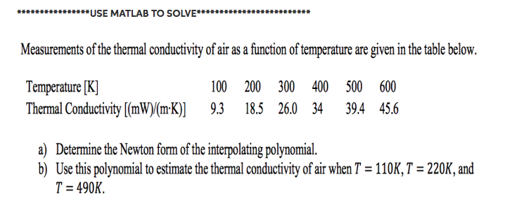 Solved ** USE MATLAB TO SOLVE" Measurements of the thermal | Chegg.com
