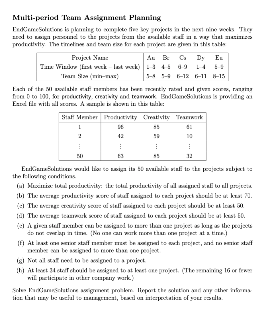 Multi-period Team Assignment Planning | Chegg.com