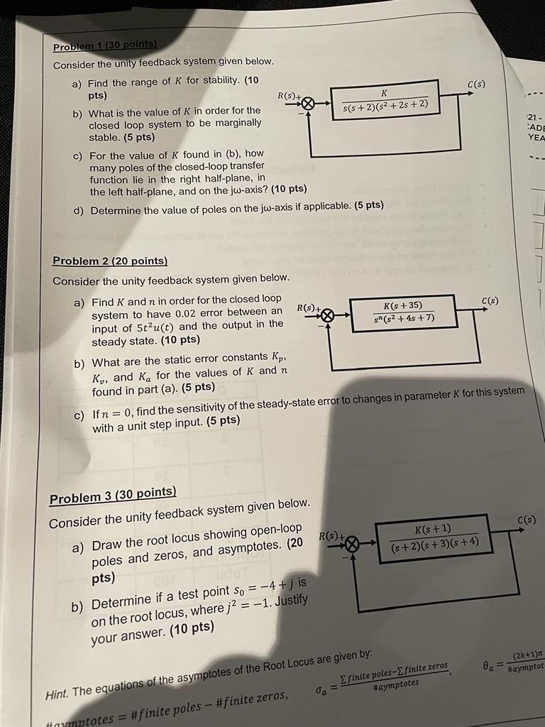 Solved Problem 1 (30 points) Consider the unity feedback | Chegg.com