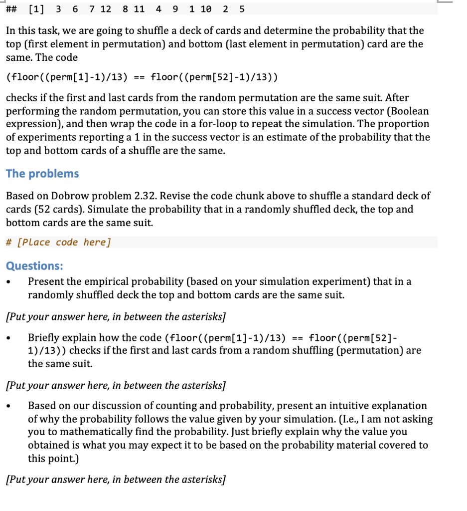 Task 2: Random permutations Code set-up A random | Chegg.com