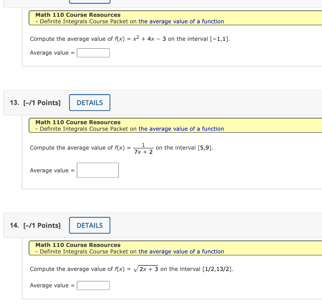 Solved Math 110 Course Resources - Definite Integrals Course | Chegg.com