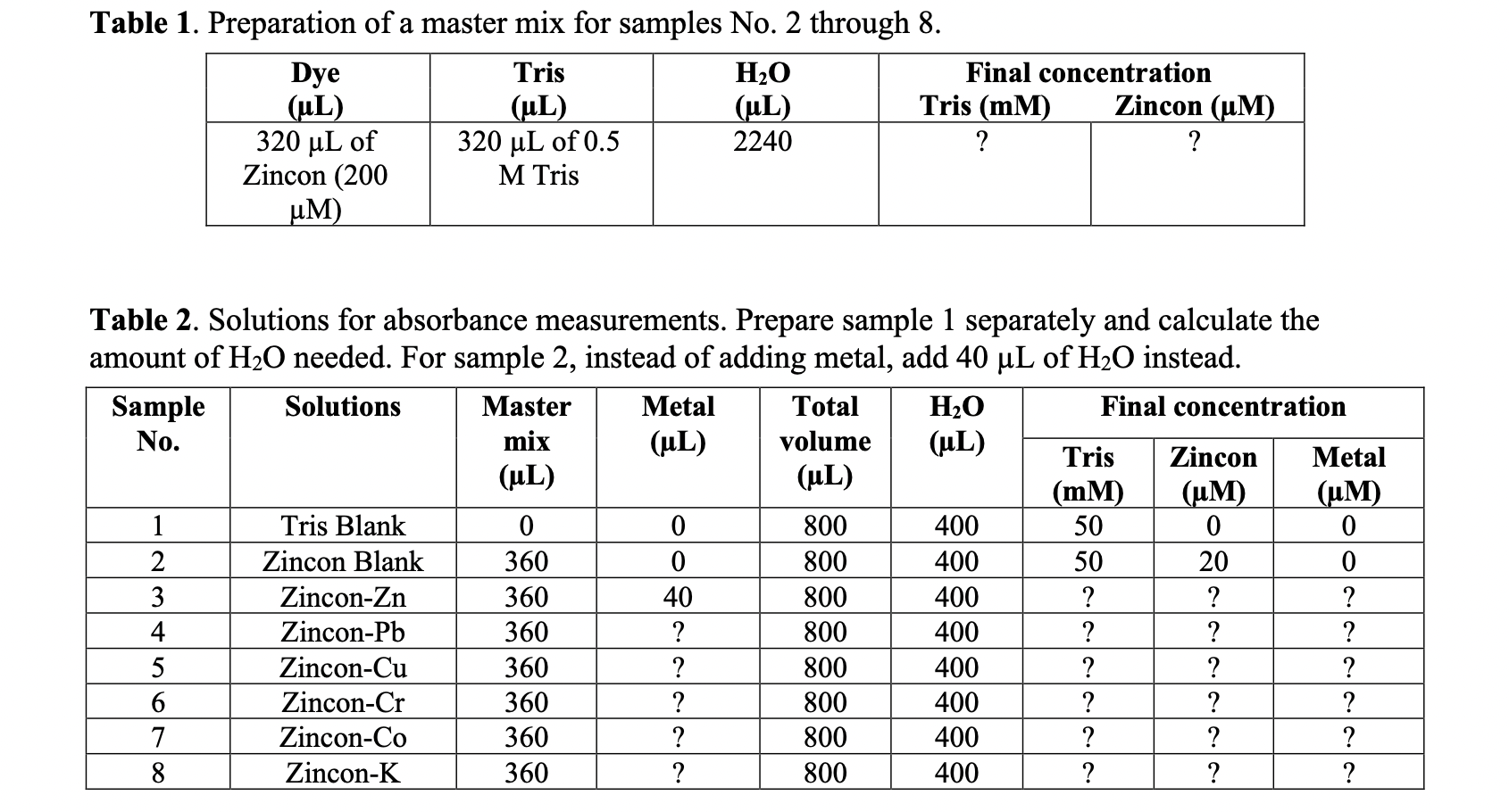 Fill in the concentrations or volumes in Tables 1 | Chegg.com