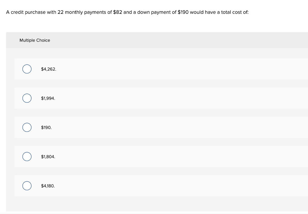 Solved A credit purchase with 22 monthly payments of $82 and | Chegg.com