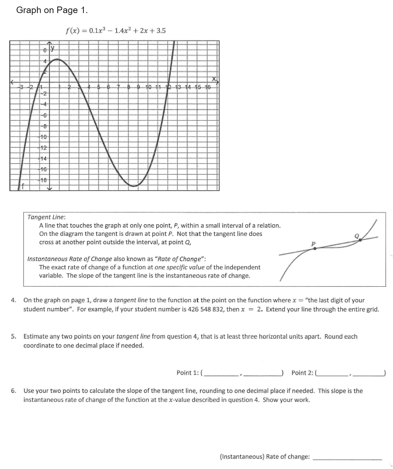 Solved Graph on Page 1. f(x)=0.1x3−1.4x2+2x+3.5 Tangent | Chegg.com