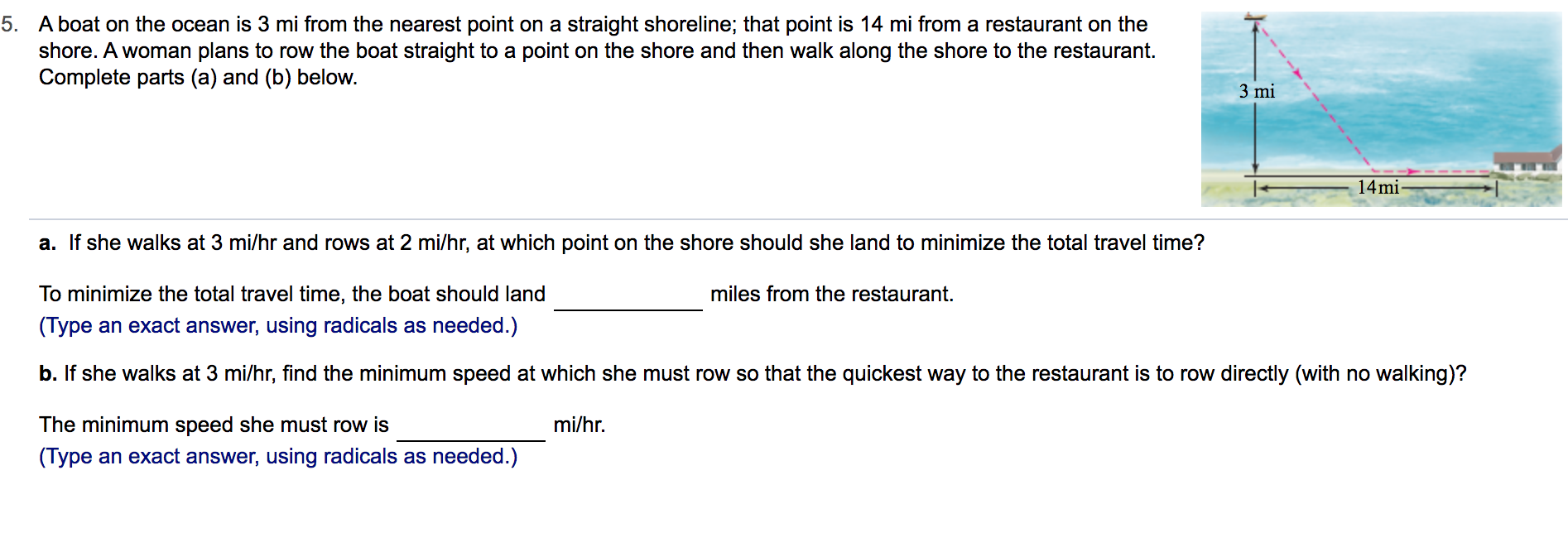Solved 5. A boat on the ocean is 3 mi from the nearest point | Chegg.com