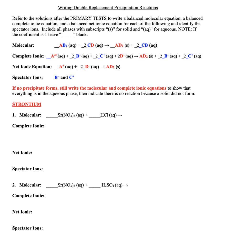 Solved Writing Double Replacement Precipitation Reactions | Chegg.com