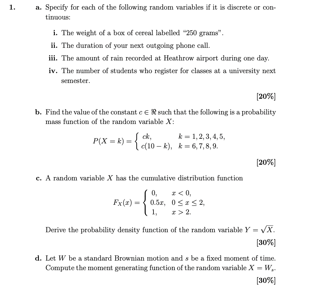 Solved a. Specify for each of the following random variables | Chegg.com