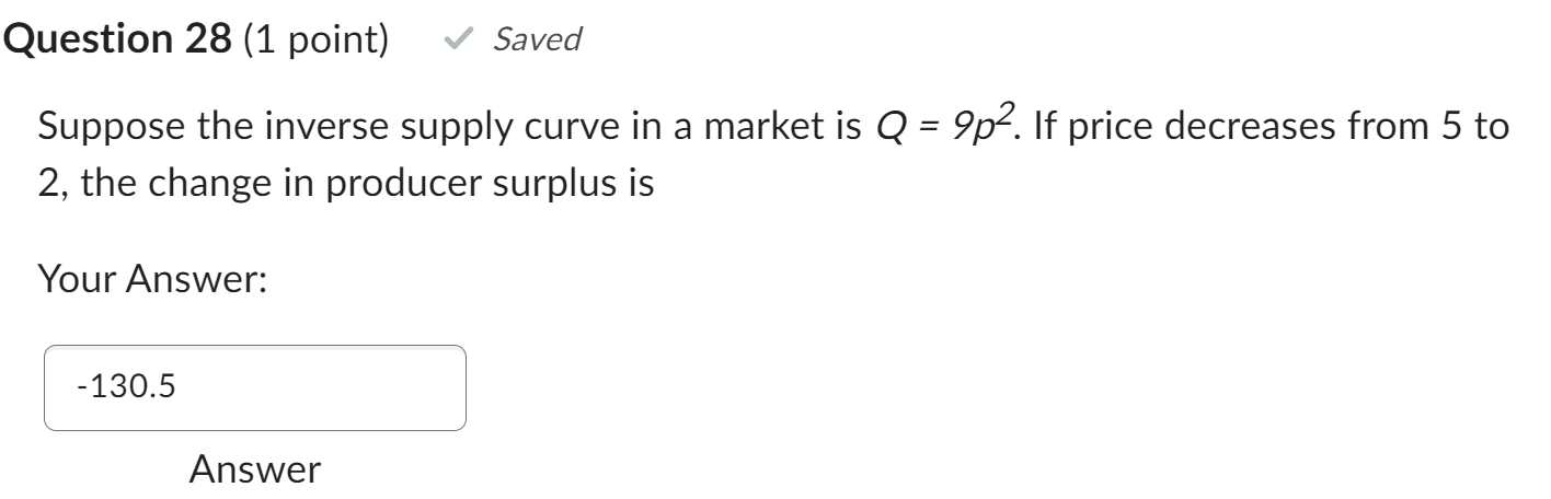 Solved Question 28 (1 point) Suppose the inverse supply | Chegg.com