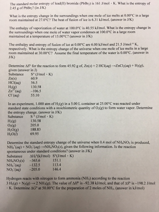 Solved The standard molar entropy of lead (II) bromide | Chegg.com